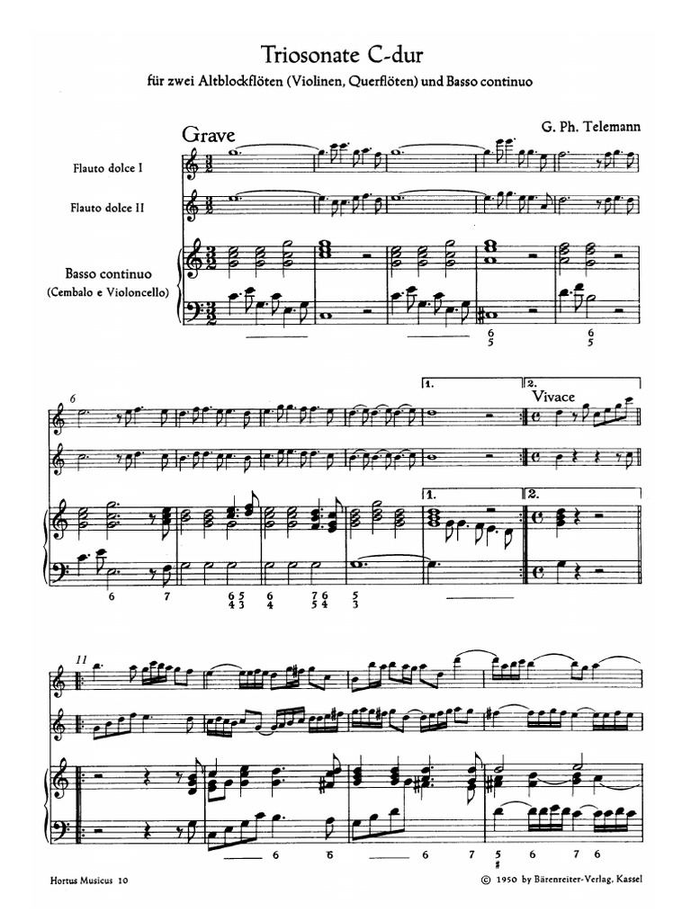 TELEMANN, G. Ph. Triosonata in C For 2 Recorders and BC - Grade | PDF