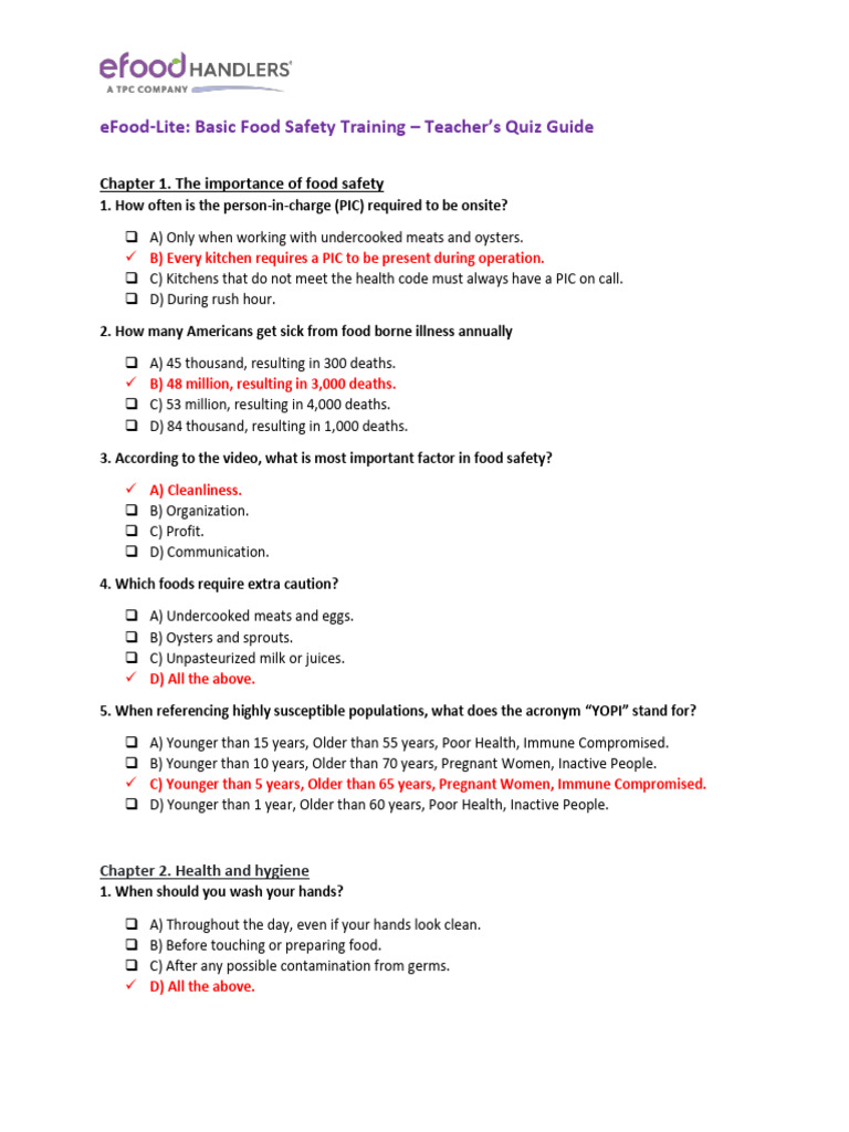 Teacher's Food Safety Quiz Guide | PDF | Hand Washing | Refrigerator