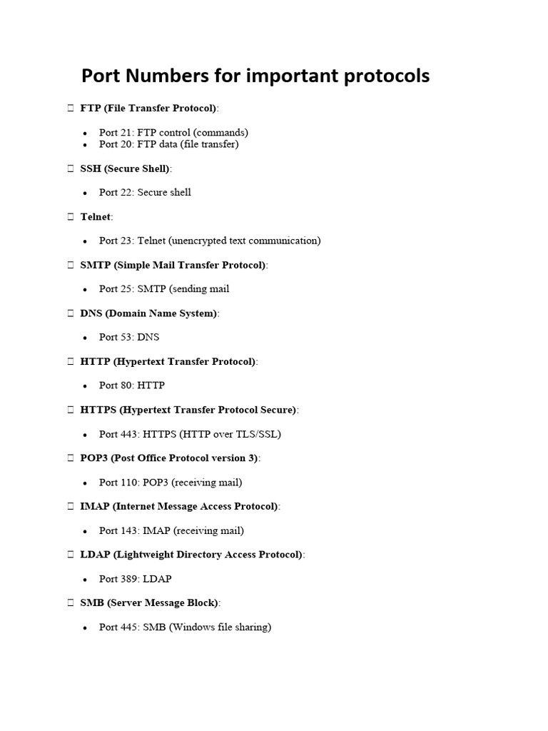 Port Numbers For Important Protocols | PDF