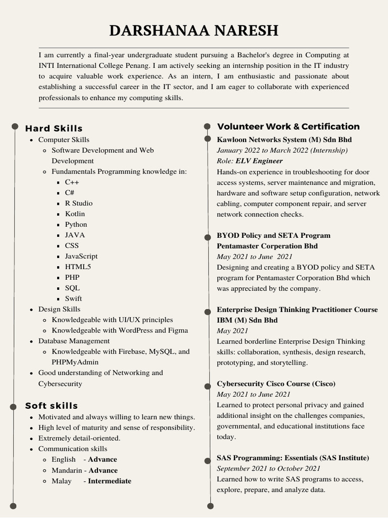 Darshanaa Naresh Resume | PDF | Computer Science | Information Technology
