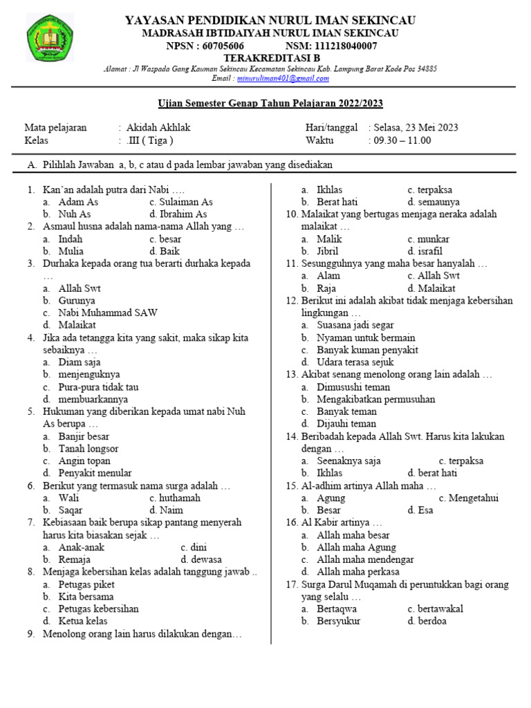 Soal Akidah Akhlak Pas 2023 | PDF
