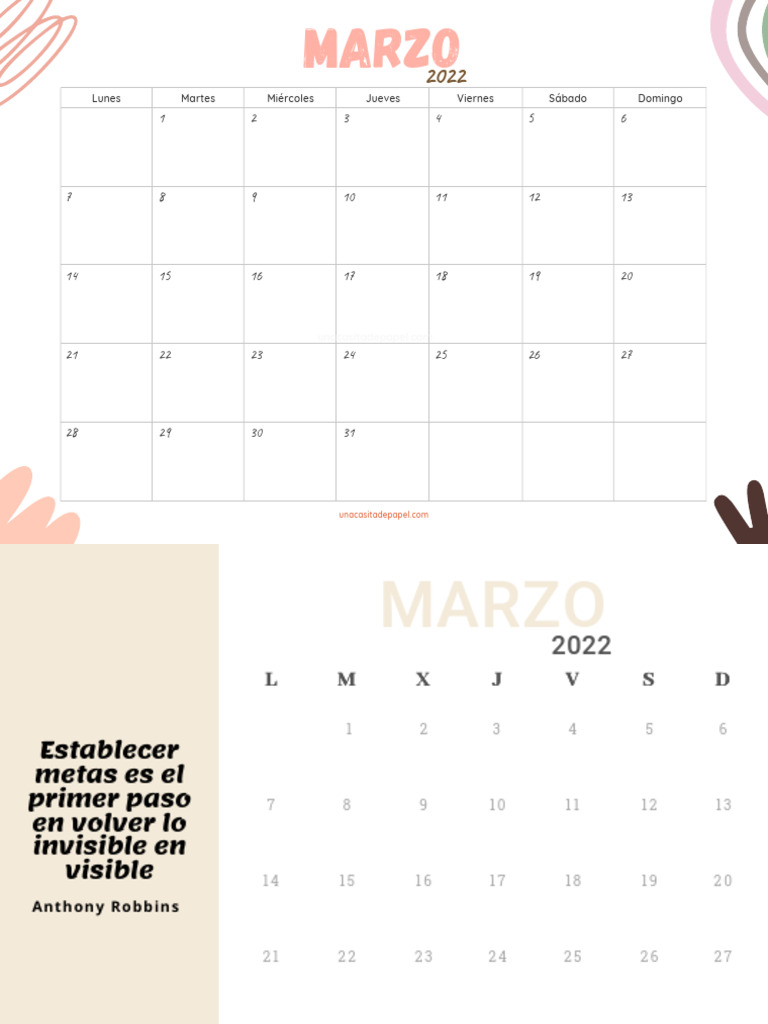 Calendario Marzo 2022 UnaCasitaDePapel | PDF