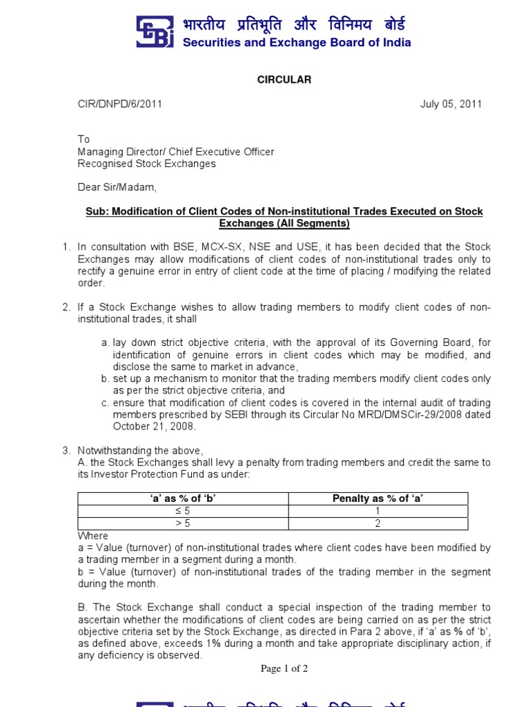SEBI Circular On Client Code Modification | PDF | Stocks | Securities ...