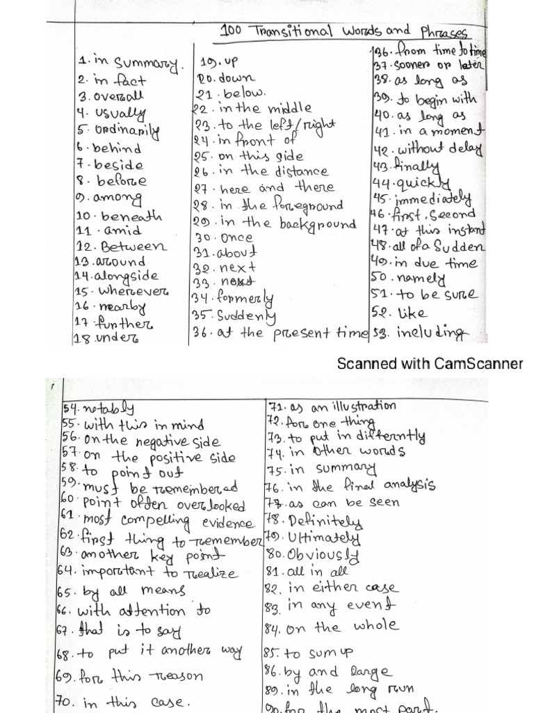 100 Transitional Word and Phrases | PDF