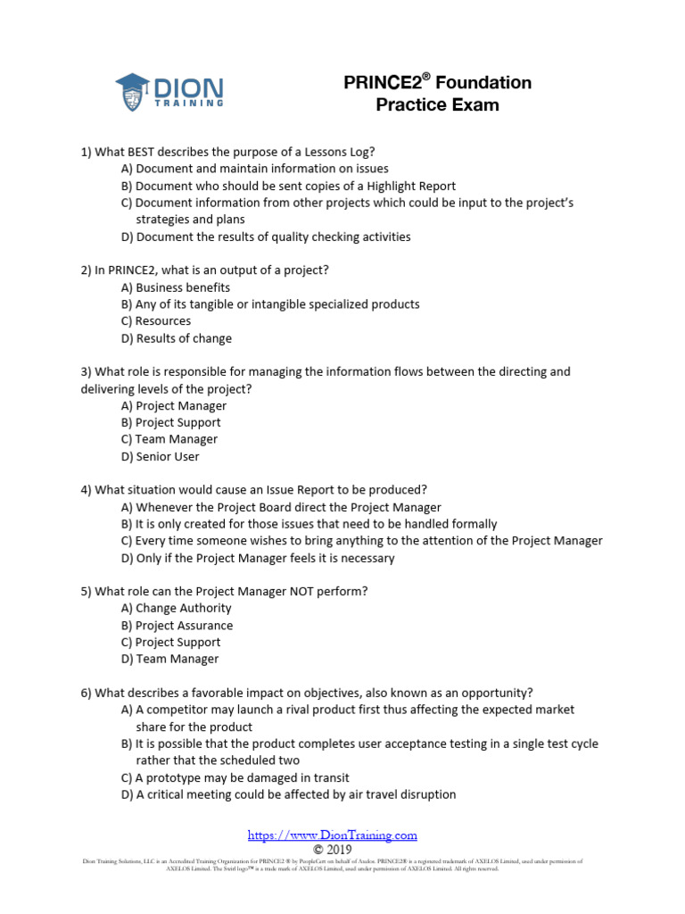 DION PRINCE2 Foundation (Practice Exam) | PDF | Risk | Trademark