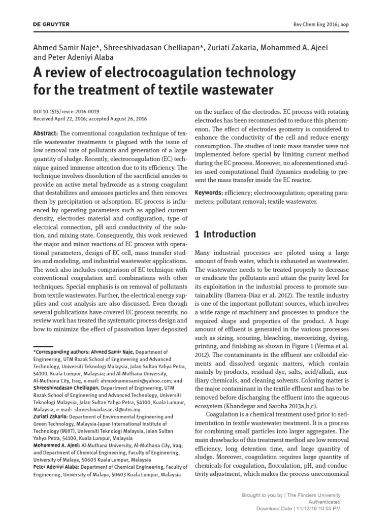 A Review of Electrocoagulation Technology For The Treatment of Textile ...
