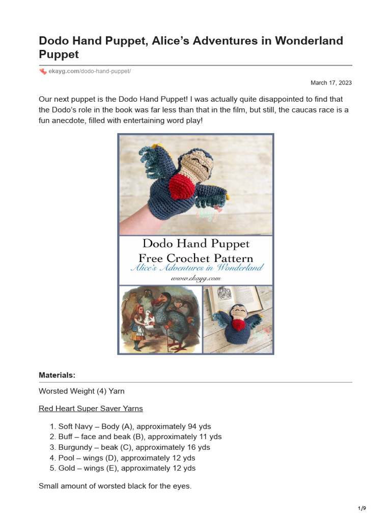 Dodo Hand Puppet - Titere | PDF | Crochet | Textile Arts