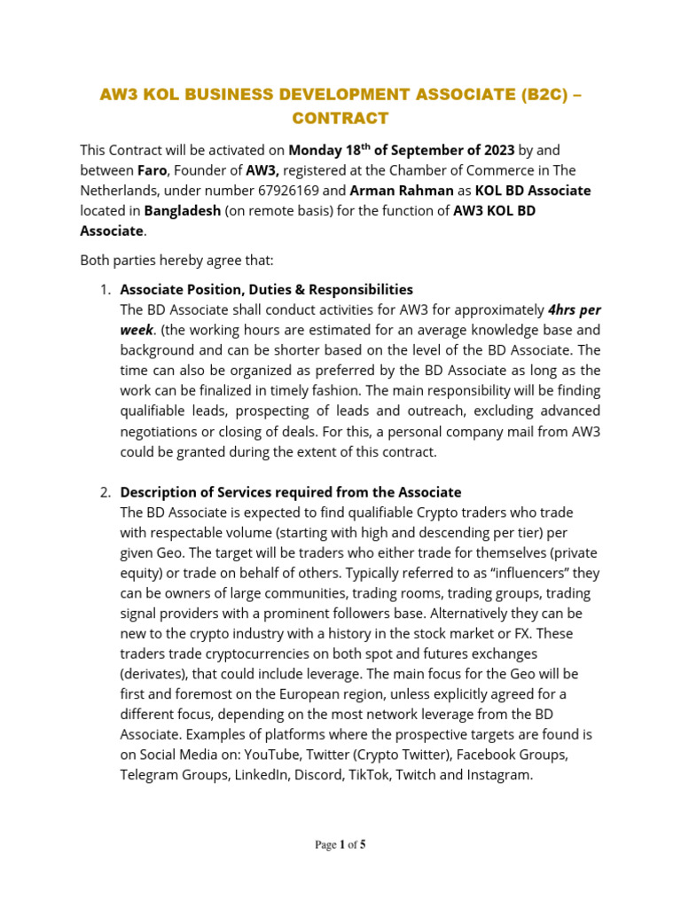 AW3 KOL BD ASSOCIATE - CONTRACT - Arman Rahman - 18092023 | PDF | Non ...