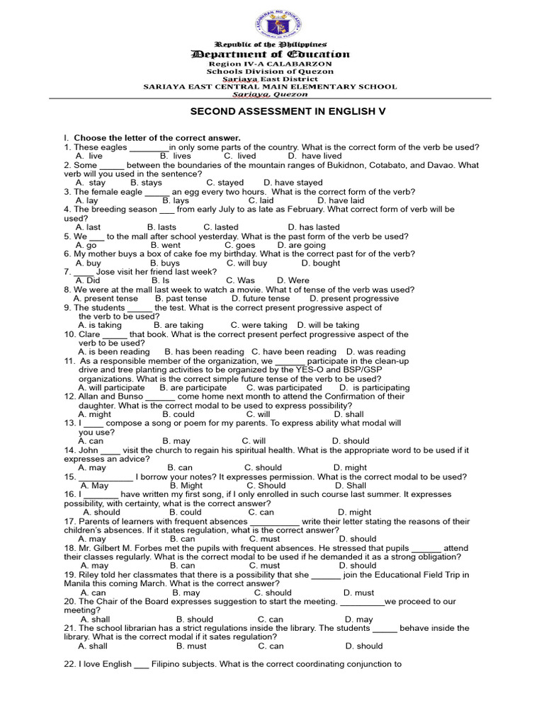 2nd QUARTER ASSESSMENT IN ENGLISH V 2023 2024 | PDF | Verb | Toys