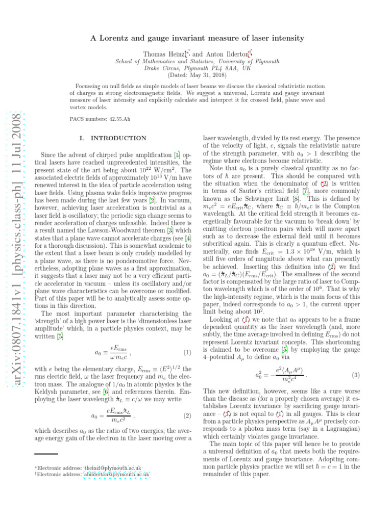 A Lorentz and Gauge Invariant Measure of Laser Intensity | PDF | Polarization (Waves) | Special ...