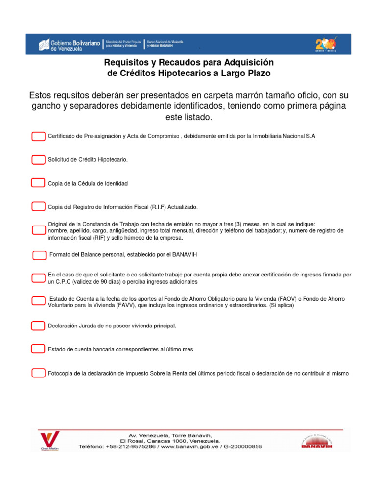Banavih - Requisitos Adquisicion de Vivienda GMVV - Faov | PDF