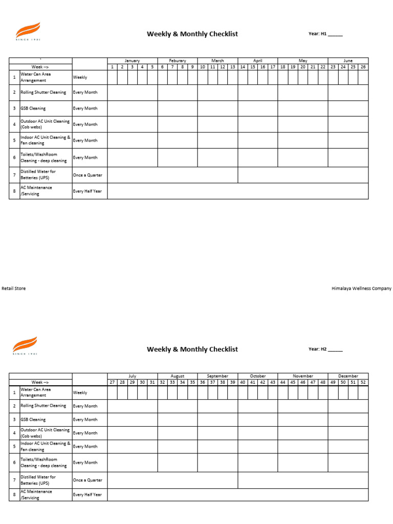 Weekly & Monthly Checklist: Year: H1 | PDF | Hygiene | Sanitation