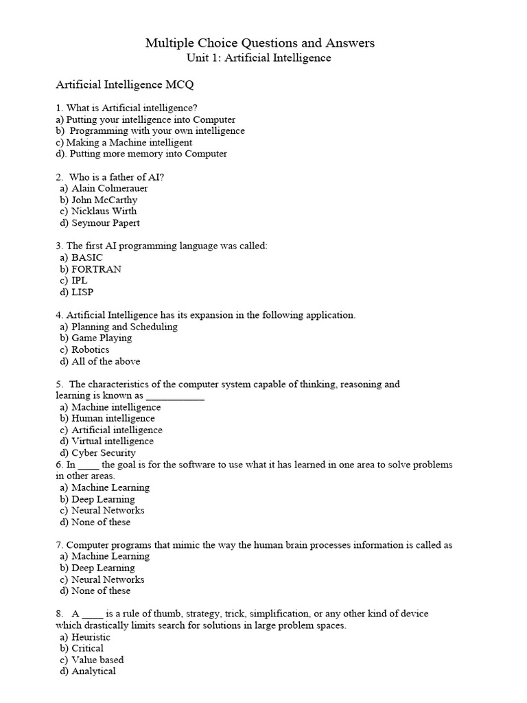 Multiple Choice Questions and Answer1 | PDF | Computer Network | Artificial Intelligence