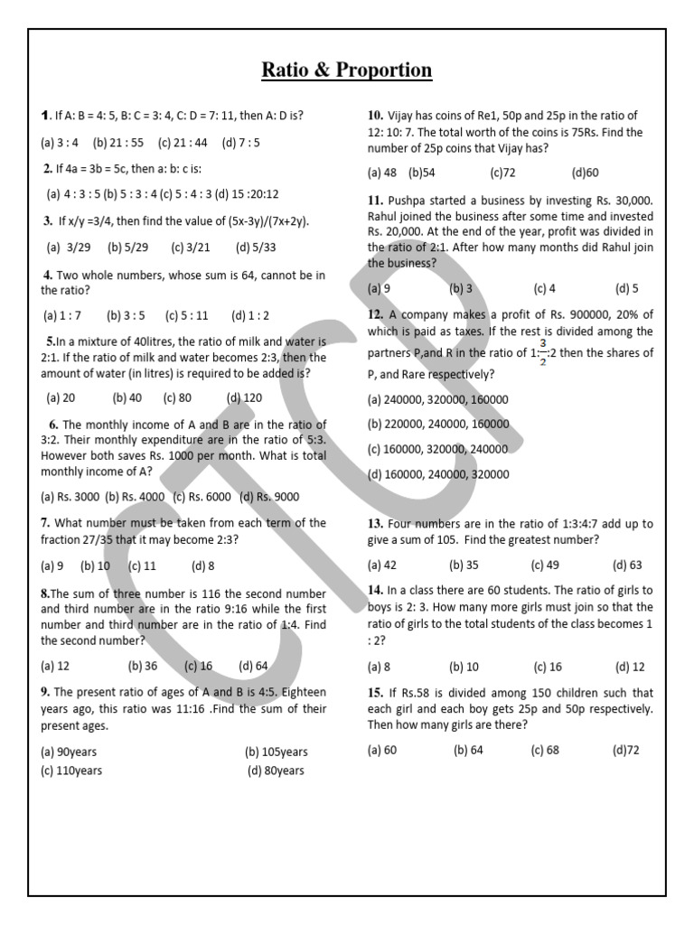 Ratio - Proportion | PDF | Ratio | Money
