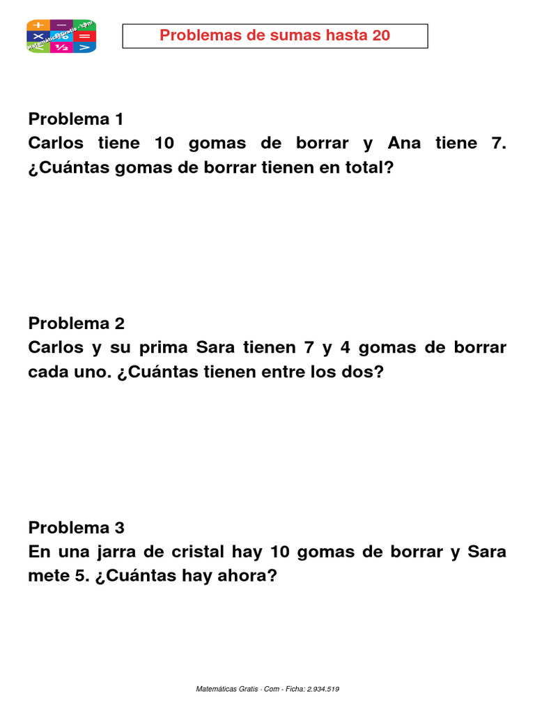 Problemas de suma hasta 20 para niños | PDF | Artes del Lenguaje y ...