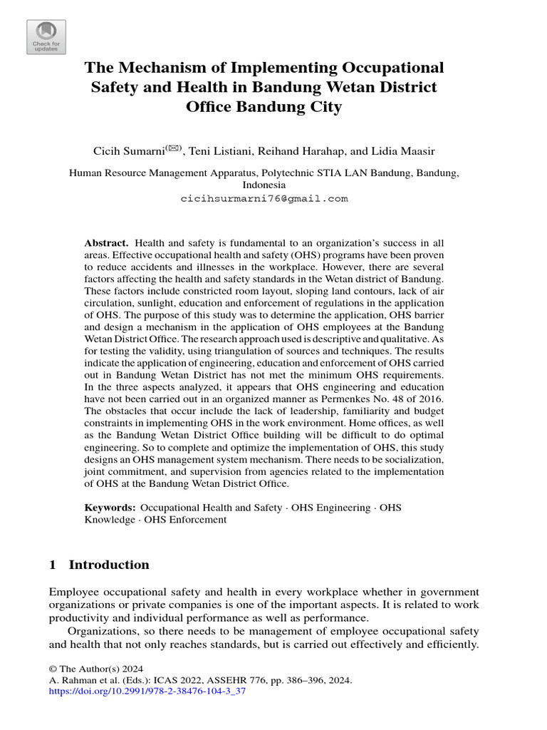 The Mechanism of Implementing Occupational Safety and Health in Bandung Wetan District Office ...