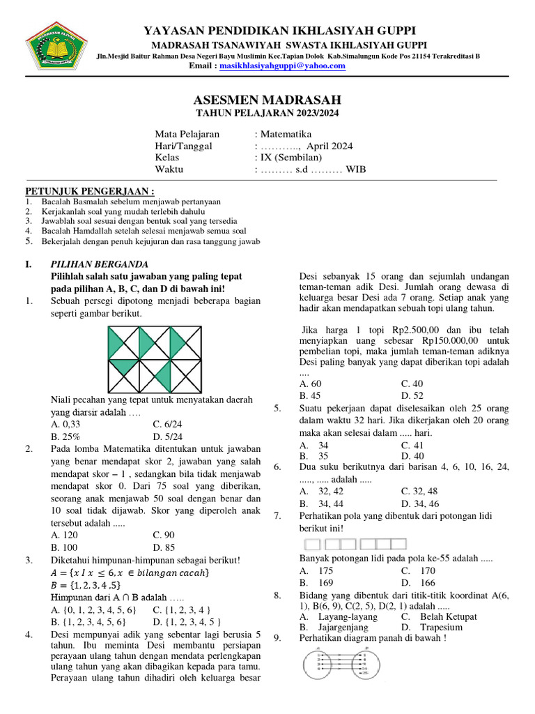 Soal AM Matematika MTs 2024 | PDF