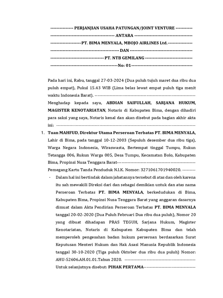 Contoh Perjanjian Joint Venture 2024 | PDF | Pengelolaan Keuangan & Uang