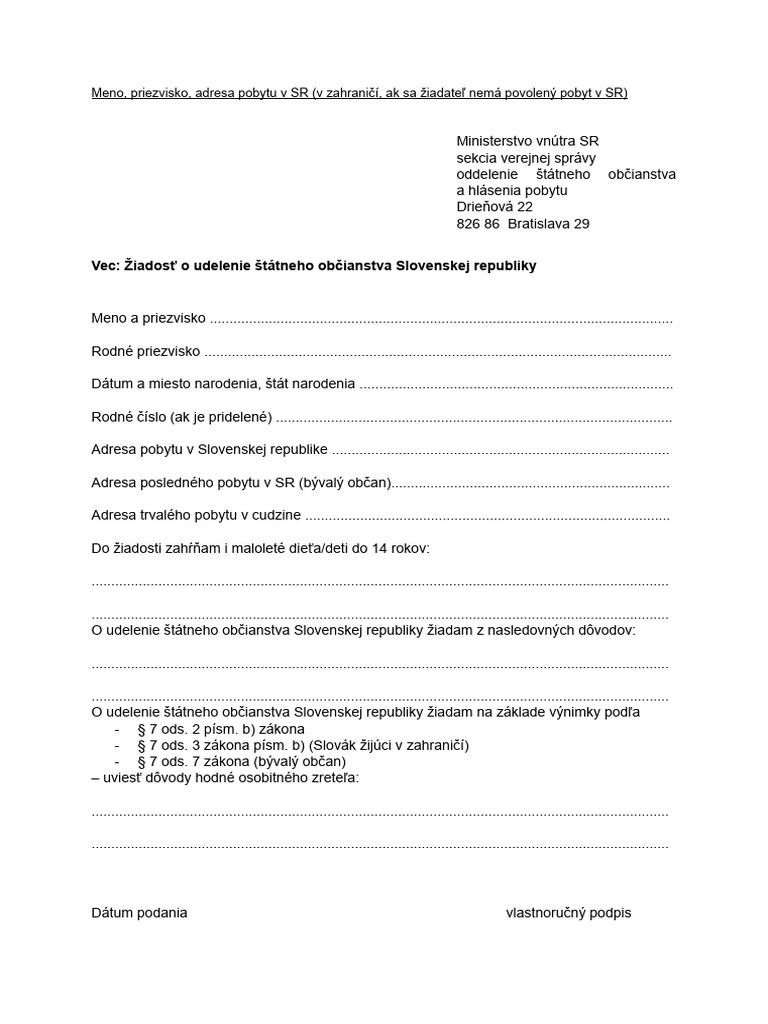 Ziadost o Udelenie Tlacivo | PDF