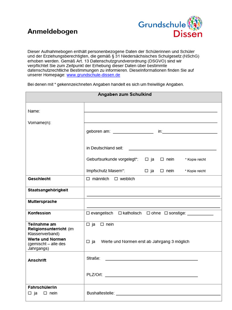 Anmeldebogen Zum Ausfuellen Am PC 1 | PDF