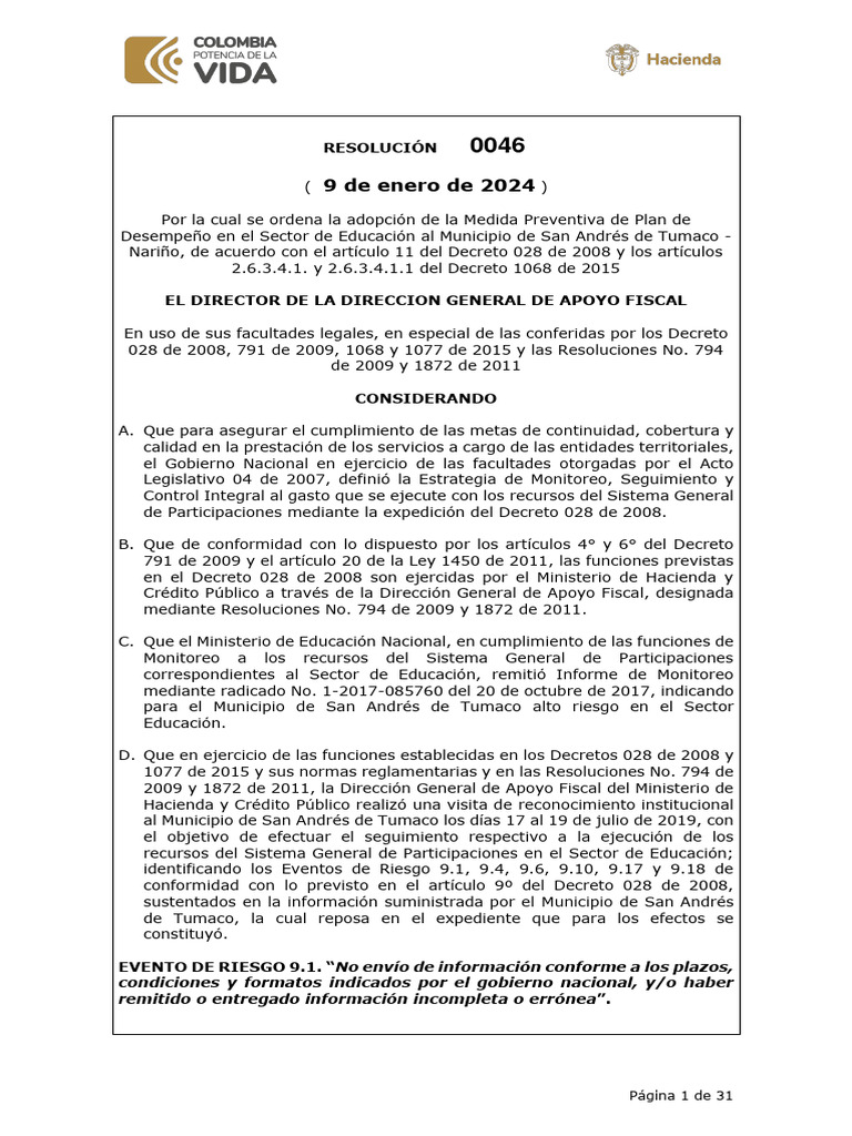 Resolución 0046 Enero 09 2024 | PDF | Enseñando | Maestros