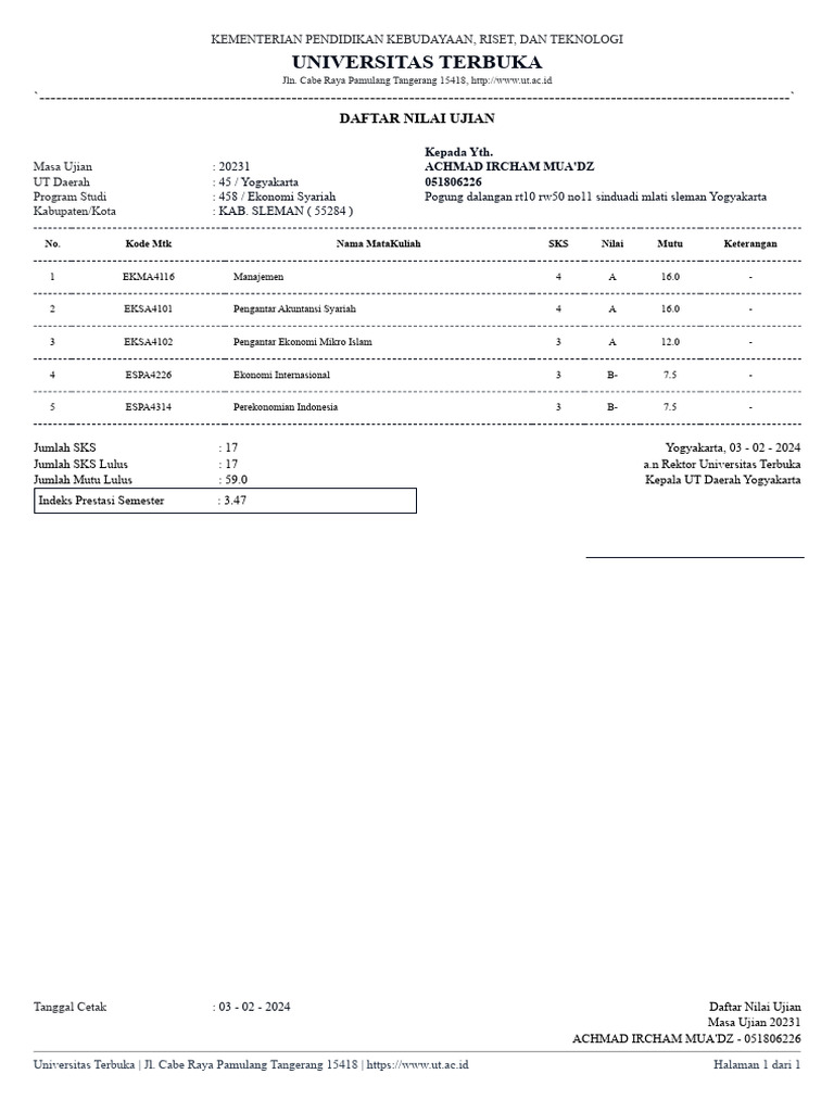 UT - Sistem Informasi Akademik Nilai Uas | PDF