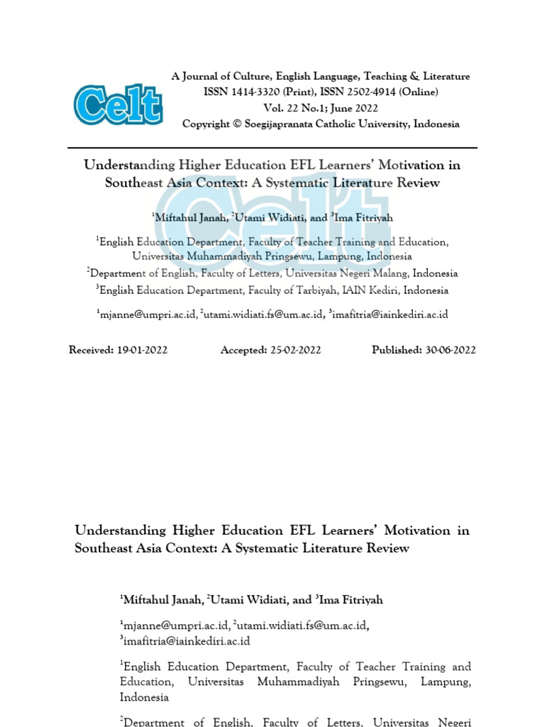 Understanding Higher Education EFL Learners' Motivation in Southeast ... Understanding Higher Education EFL Learners' Motivation in Southeast ...