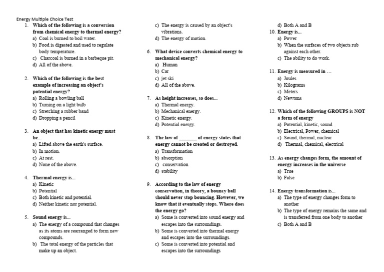 Energy Concepts Multiple Choice Test | PDF | Kinetic Energy | Potential ...