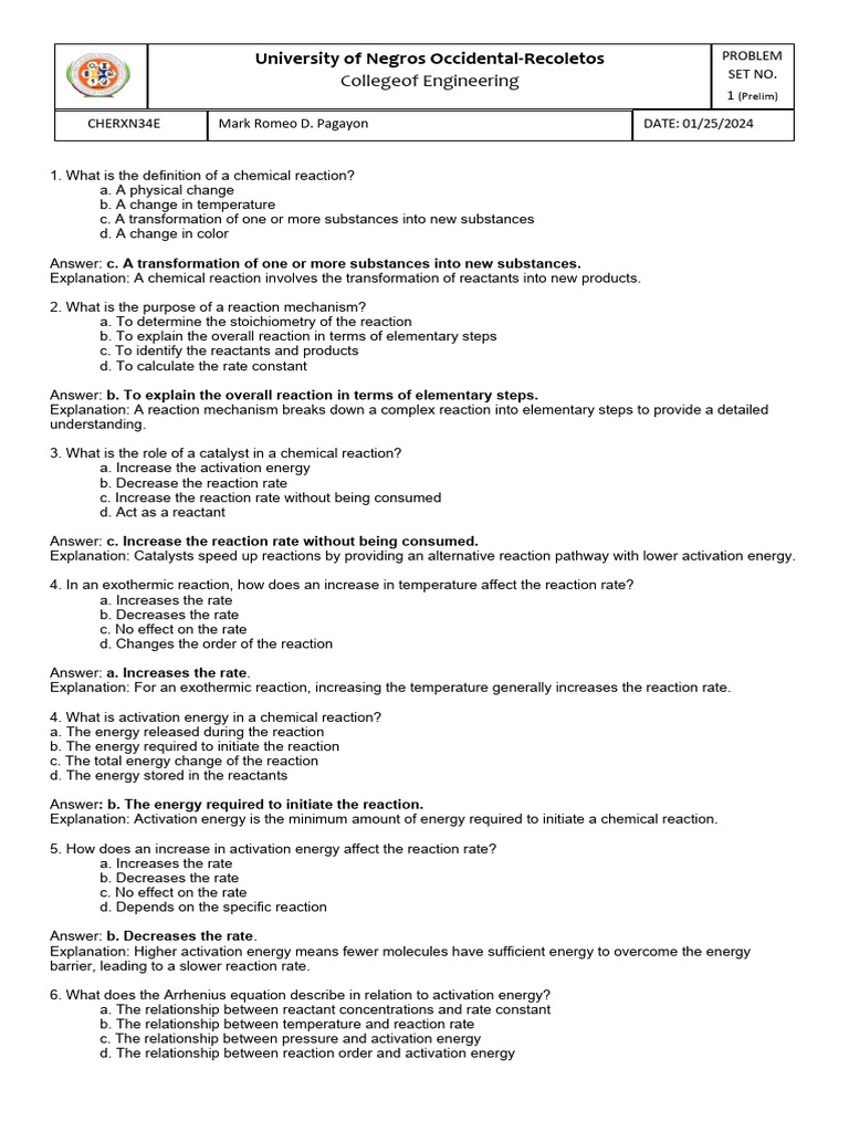 PS1 Prelim | PDF | Reaction Rate | Activation Energy