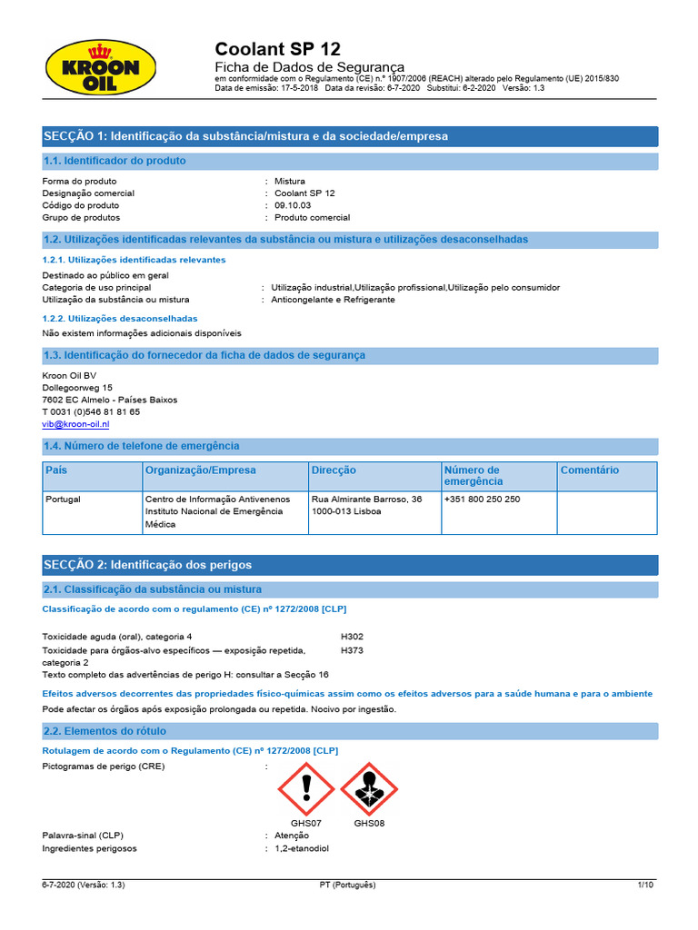 SDS 091003 Coolant SP 12 PT | PDF | Vapor | Densidade