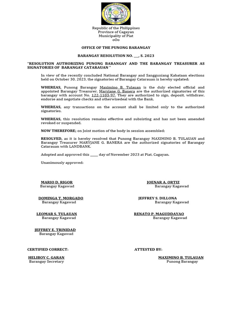 Resolution of Signatories LANDBANK | PDF | Government