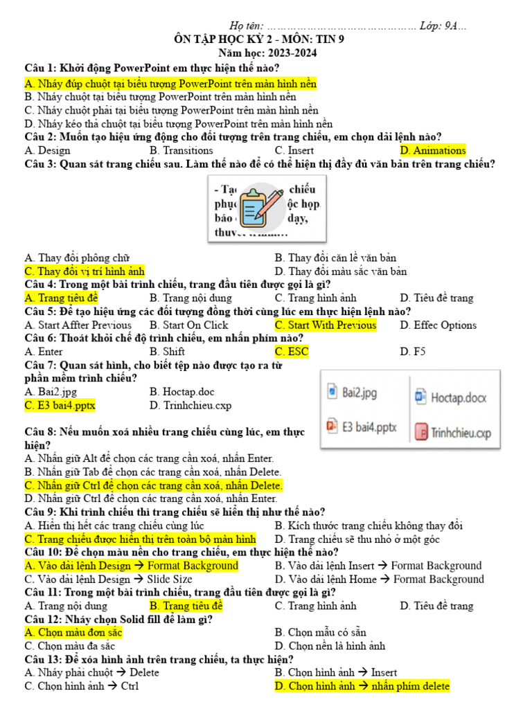 On Tap Hk2 Tin 9 2324 Đáp Án | PDF