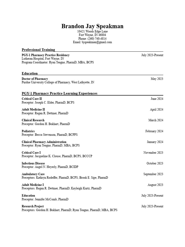 brandon speakman cv | PDF | Pharmacy | Pharmacist