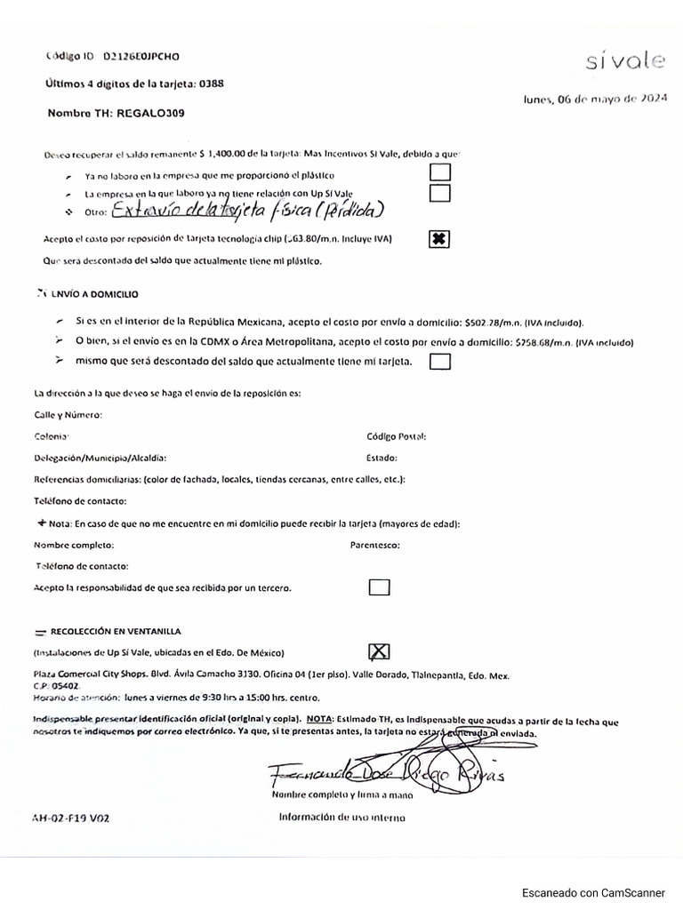 Solicitud de Reposición de Tarjeta Up Sí Vale Incentivos 2 | PDF