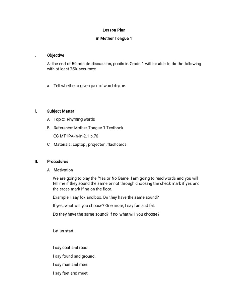Lesson Plan Format in Mother Tongue (Editable) | PDF | Lesson Plan ...