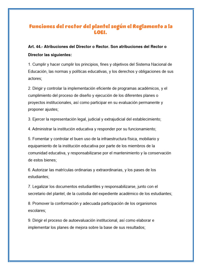 Funciones Del Rector Del Plantel Según El Reglamento A La LOEI | PDF ...