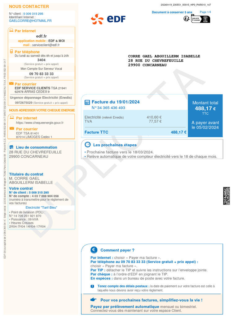 Facture EDF du 19/01/2024 | PDF | Facture | Taxe sur la valeur ajoutée