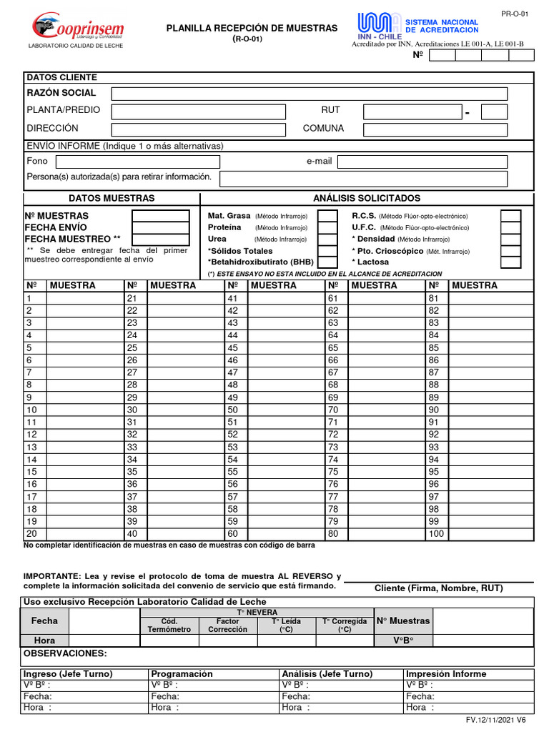 R-O-01 V6 Planilla Recepción de Muestras LCL 2021 PI | PDF | Leche