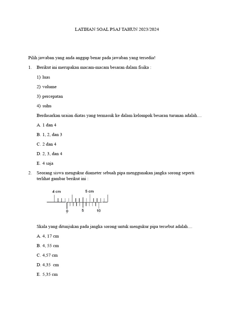 Latihan Soal Fisika Psaj Tahun 2024 | PDF | Sains & Matematika