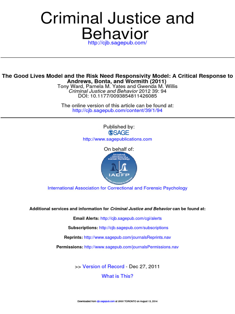 The Good Lives Model and The Risk Need Responsivity Model A Critical ...