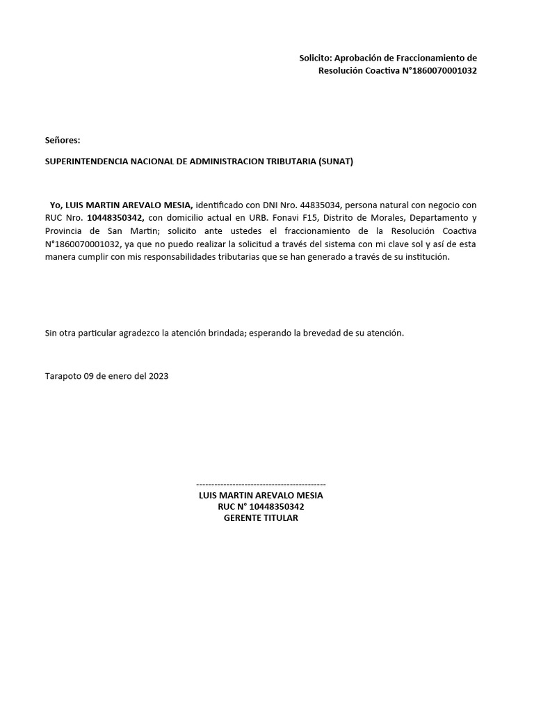 Solicitud de Fraccionamiento Luis | PDF | Finanzas y dinero | Ciencias sociales