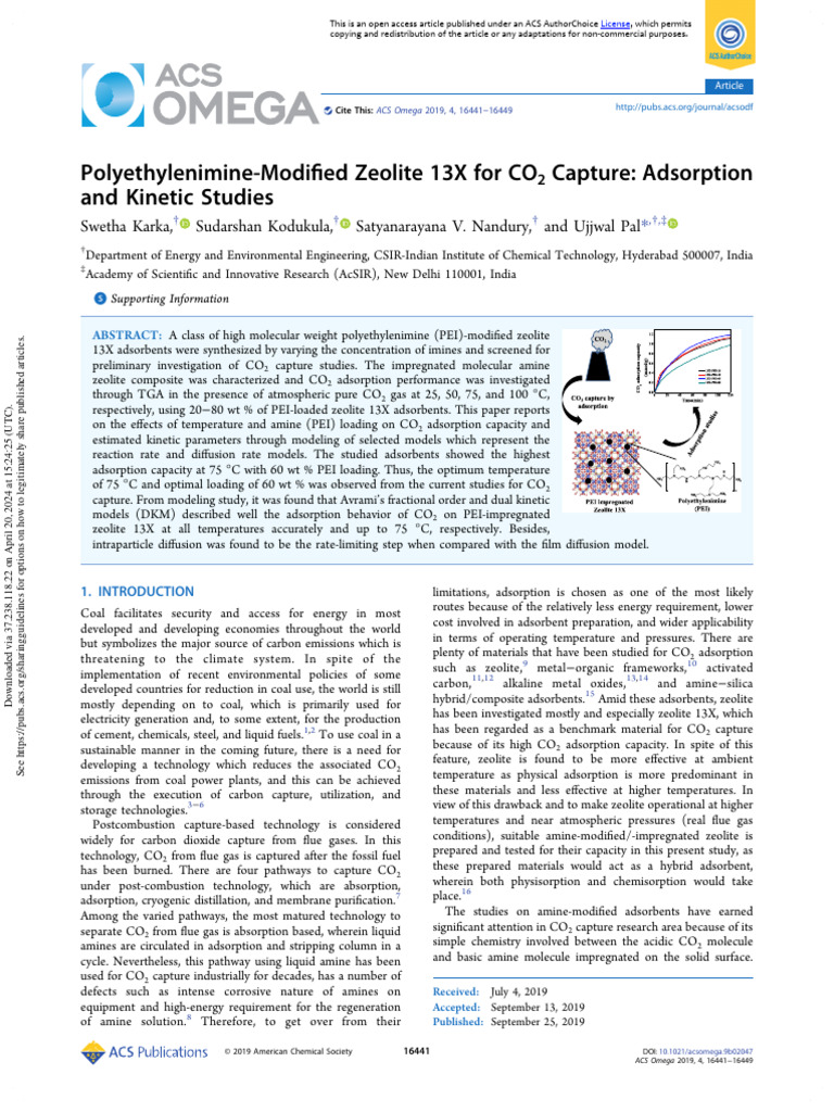 Karka Et Al 2019 Polyethylenimine Modified Zeolite 13x For Co2 Capture Adsorption and Kinetic ...