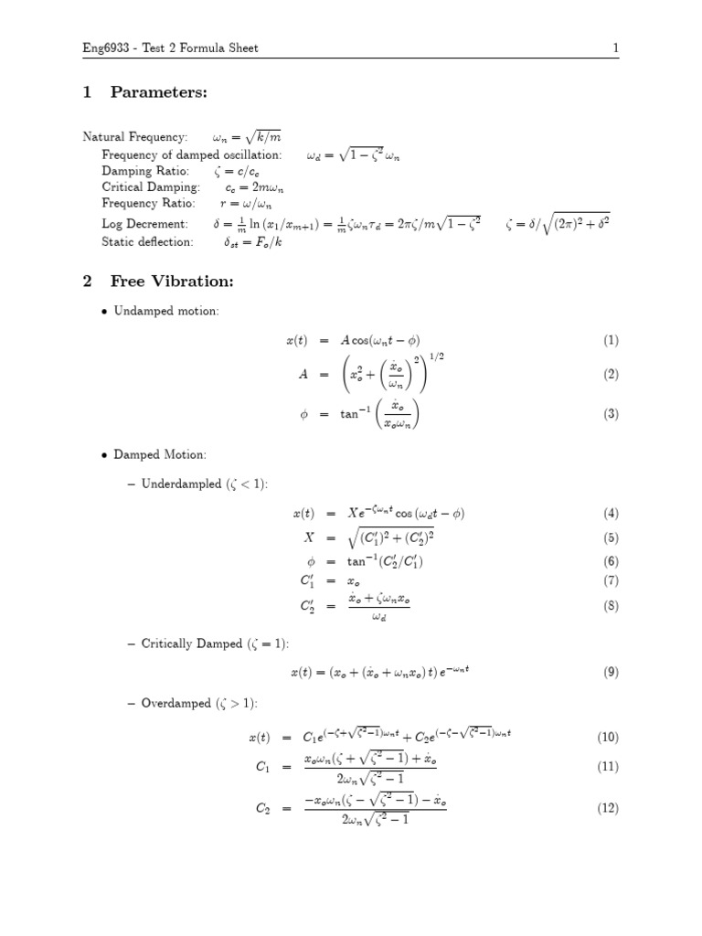 Mechanical Vibrations - Formula Sheet - 2 | PDF | Damping | Oscillation