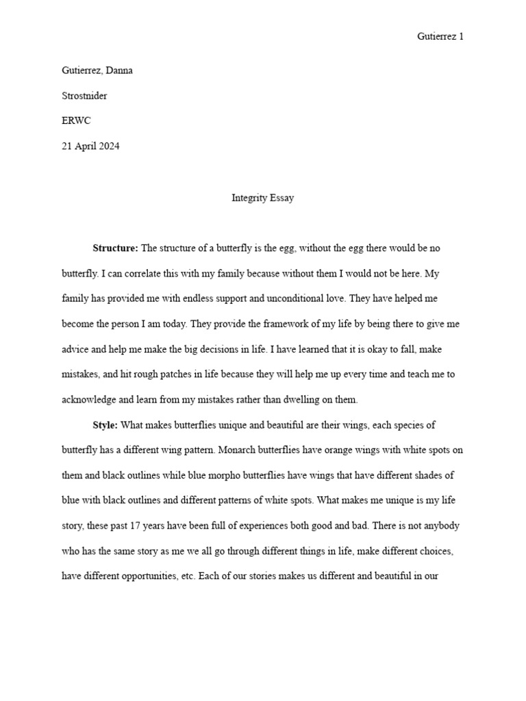 Integrity Essay | PDF | Butterfly | Behavioural Sciences