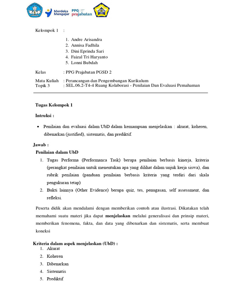 Penilaian Ubd Dalam Kurikulum Pgsd Pdf Sains Matematika