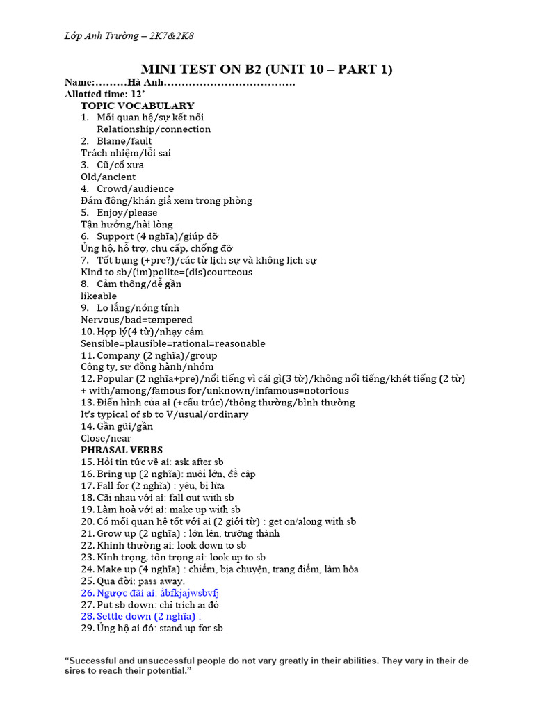 Mini Test T B2 Unit 10 Part 1 | PDF