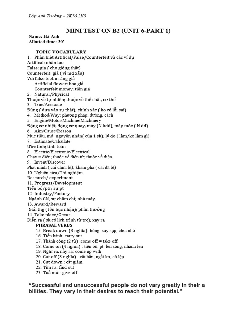 Mini Test T B2 Unit 6 Part 1 | PDF
