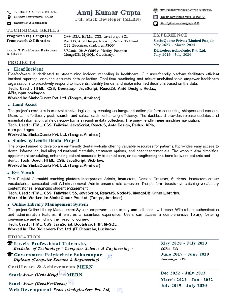 Anuj Kumar Gupta Updated Resume | PDF | Bootstrap (Front End Framework) | Java Script