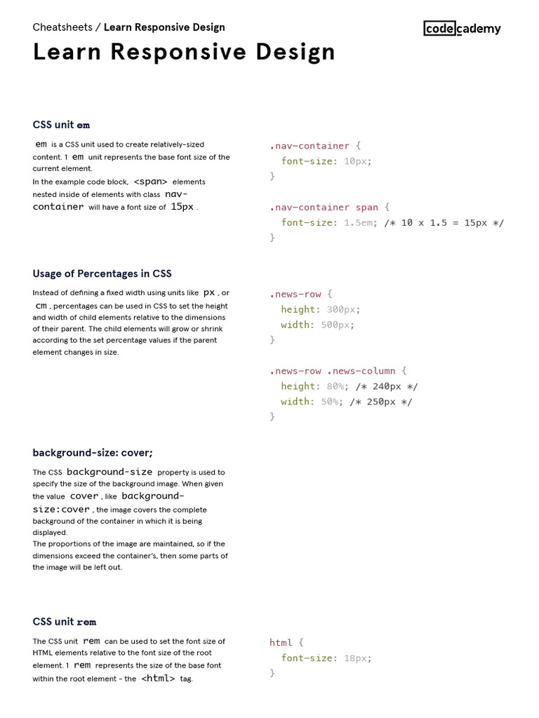 Learn Responsive Design - Learn Responsive Design Cheatsheet - Codecademy | PDF | Responsive Web ...