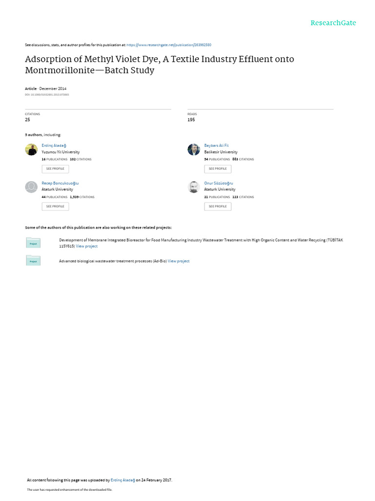 Adsorption of Methyl Violet Dye, A Textile Industry Ef Uent Onto Montmorillonite-Batch Study ...